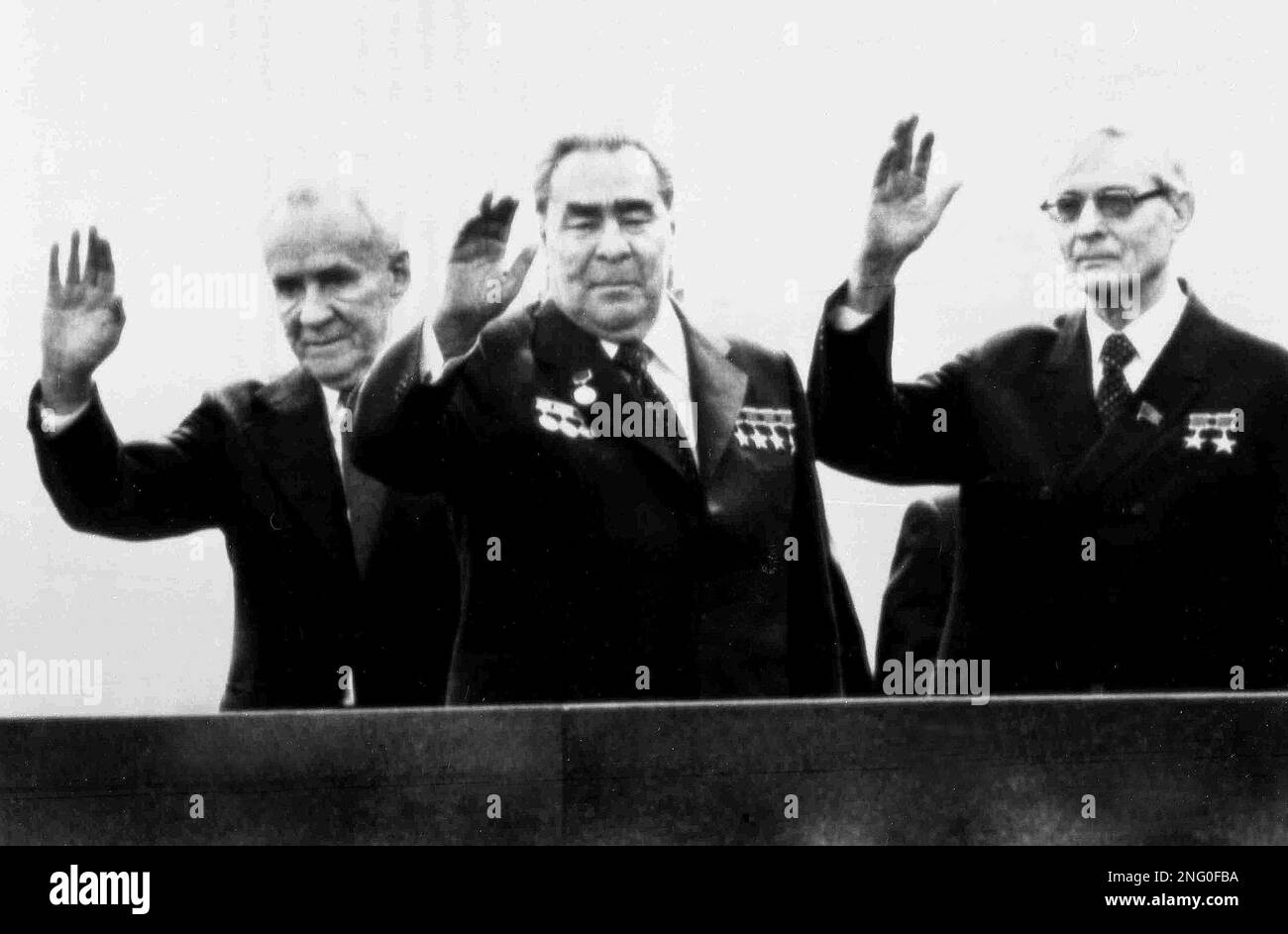 Soviet leaders Mikhail Suslov, right, Leonid Brezhnev, centre, and ...