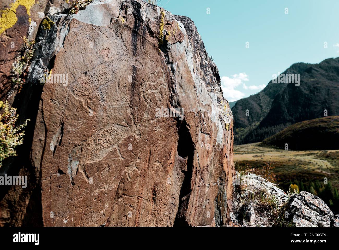 Rock drawing petroglyphs of ancient people animal deer on stones behind ...