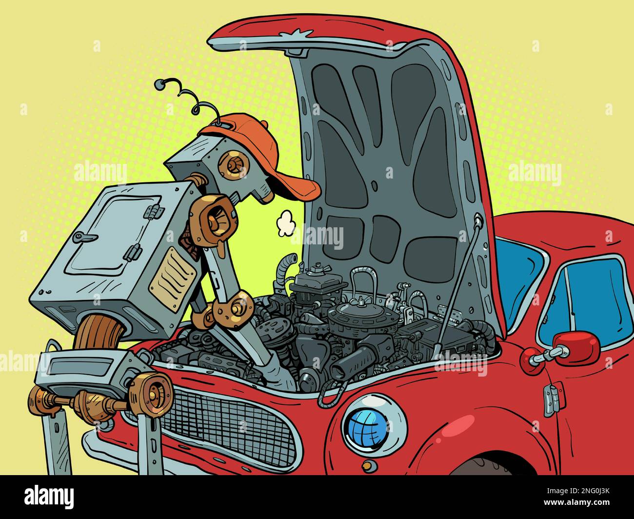 The robot is repairing the car. auto repair shop garage Automated work ...