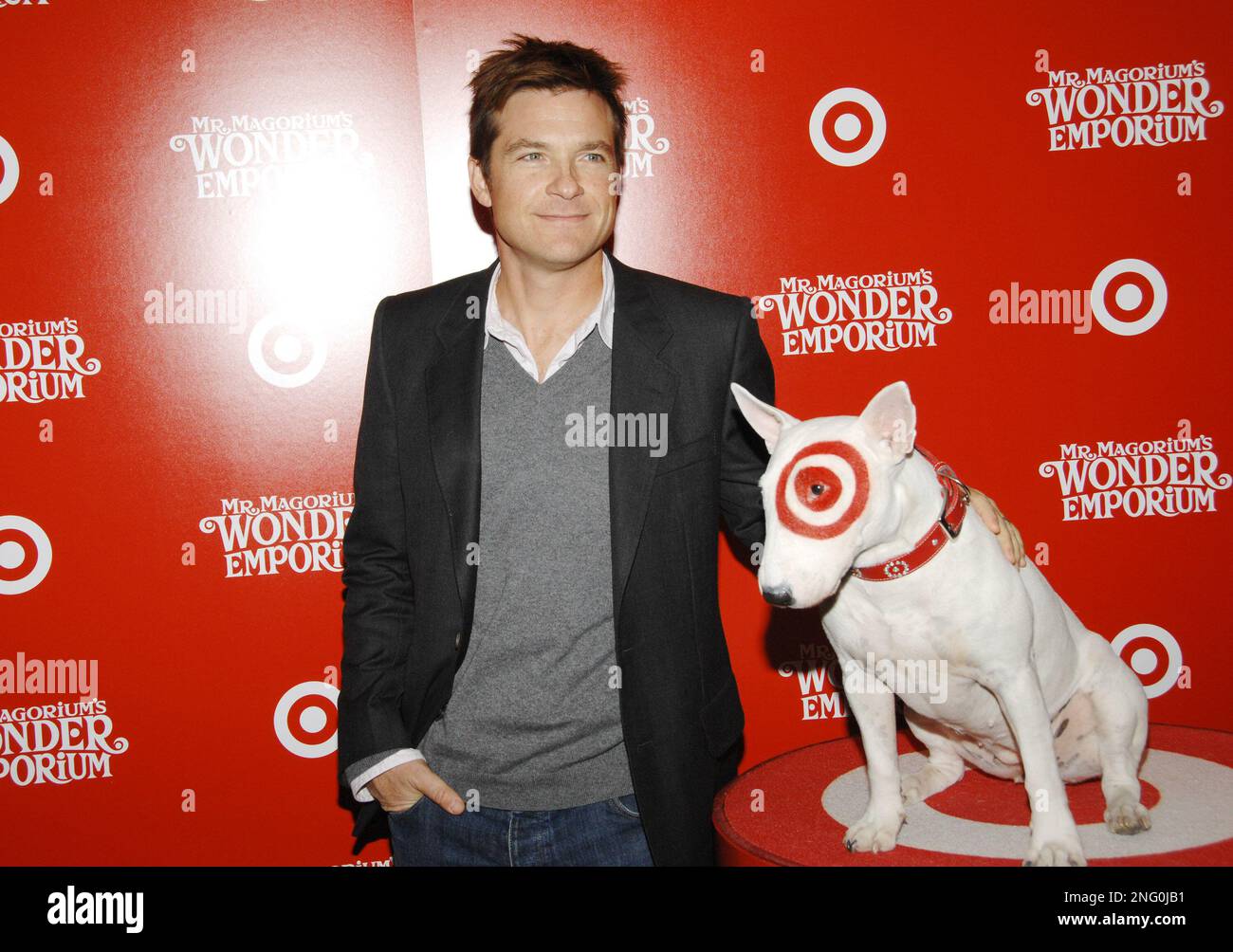Actor Jason Bateman poses with Bullseye the Target dog at the world ...