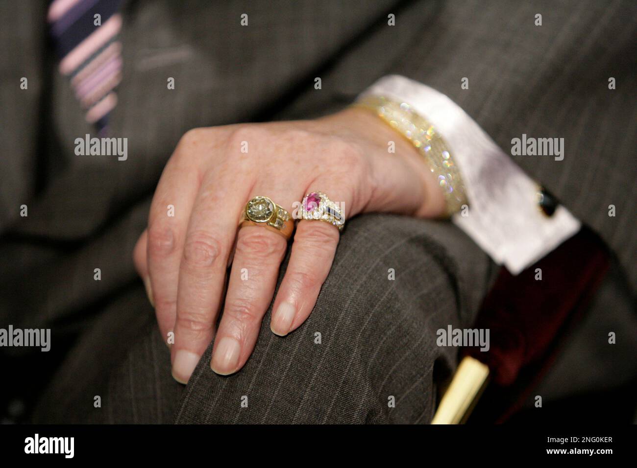 Detail of rings on the left hand of Hustler magazine founder Larry ...