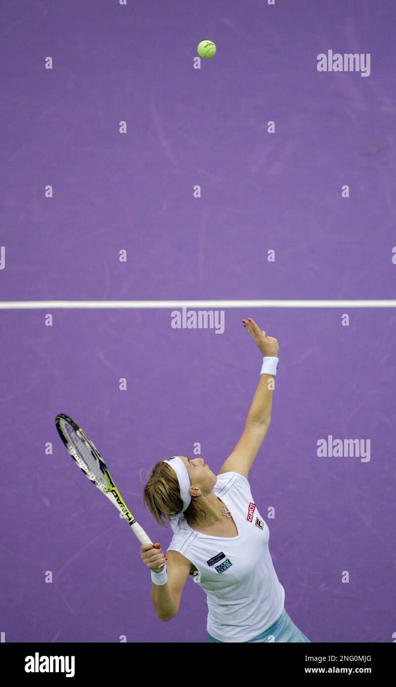 Svetlana Kuznetsova, from Russia, serves against Maria Sharapova during ...
