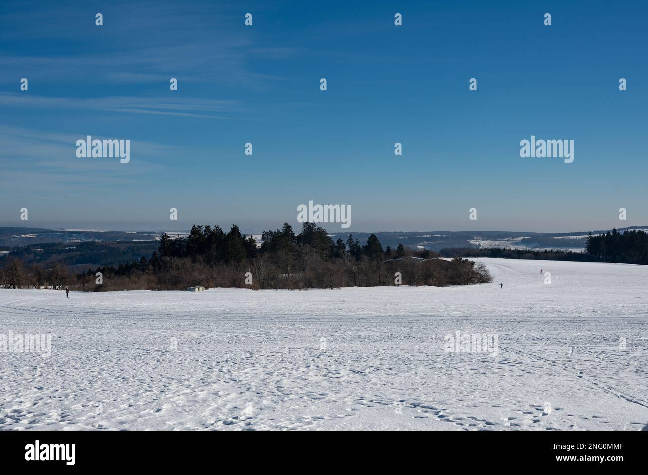 Lots of snow in nature, with trees and blue sky in the high Rhoen ...
