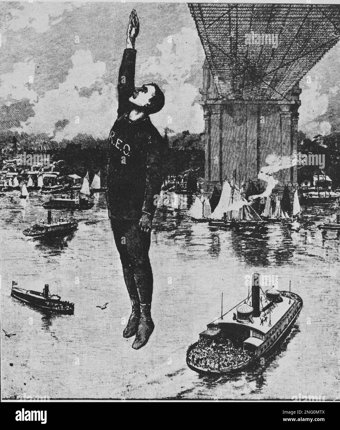 Robert E. Odlum is depicted in this art showing his leap from the ...