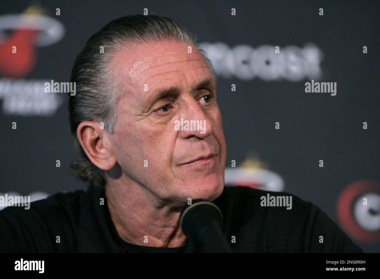 Miami Heat coach Pat Riley speaks to reporters at media day. (AP Photo ...