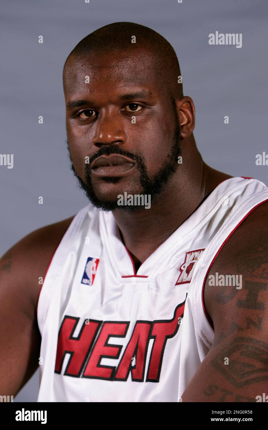 Miami Heat center Shaquille O'Neal (32) poses at media day. (AP Photo/J ...