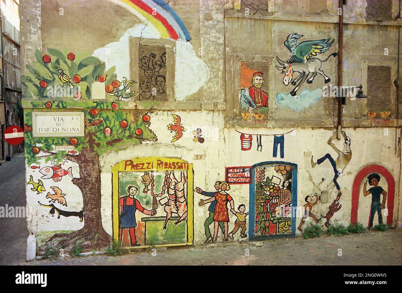 Seen here are color murals on the walls of 16th century houses in ...