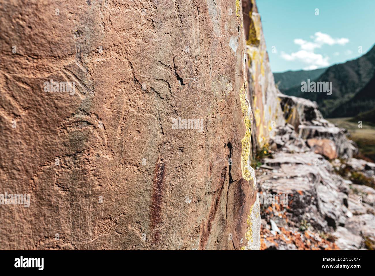 Petroglyphs rock drawing of ancient people animals on stones behind the ...