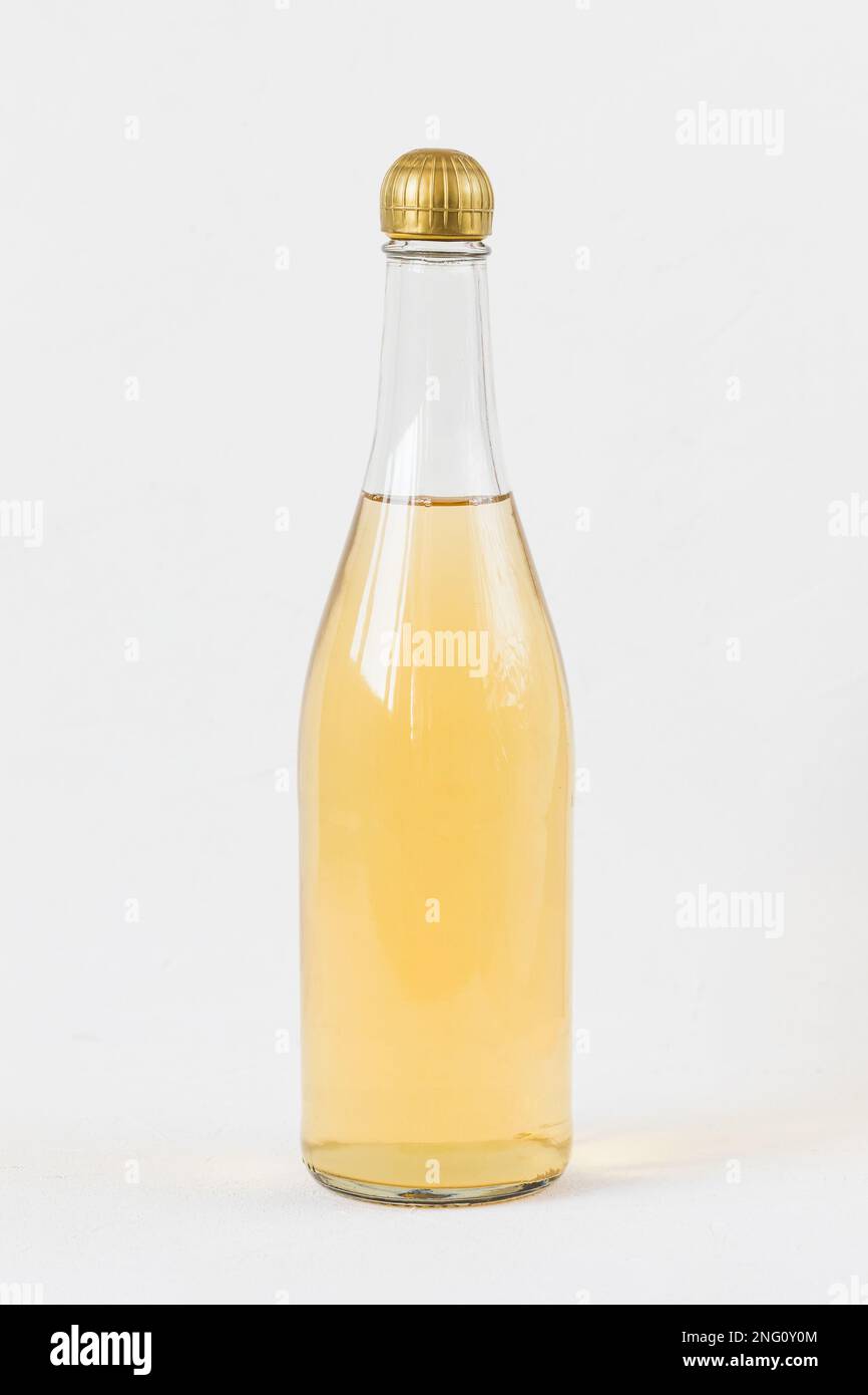 Homemade kombucha fermented drink in bottle on white background. Heathy ...