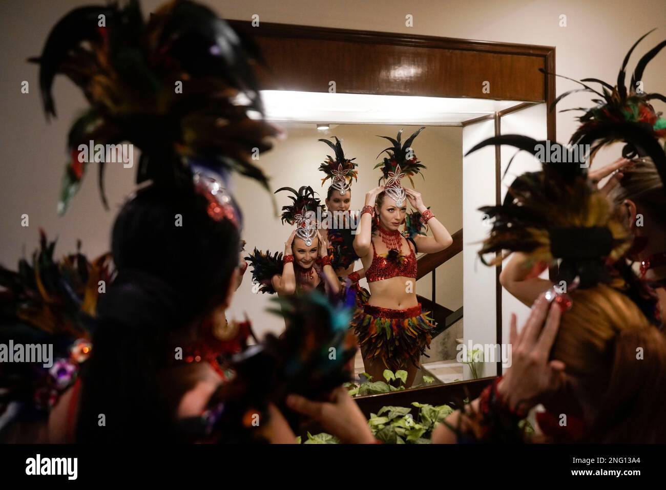 Kathmandu, Nepal. 17th Feb, 2023. Samba dancers in costumes get ready ...
