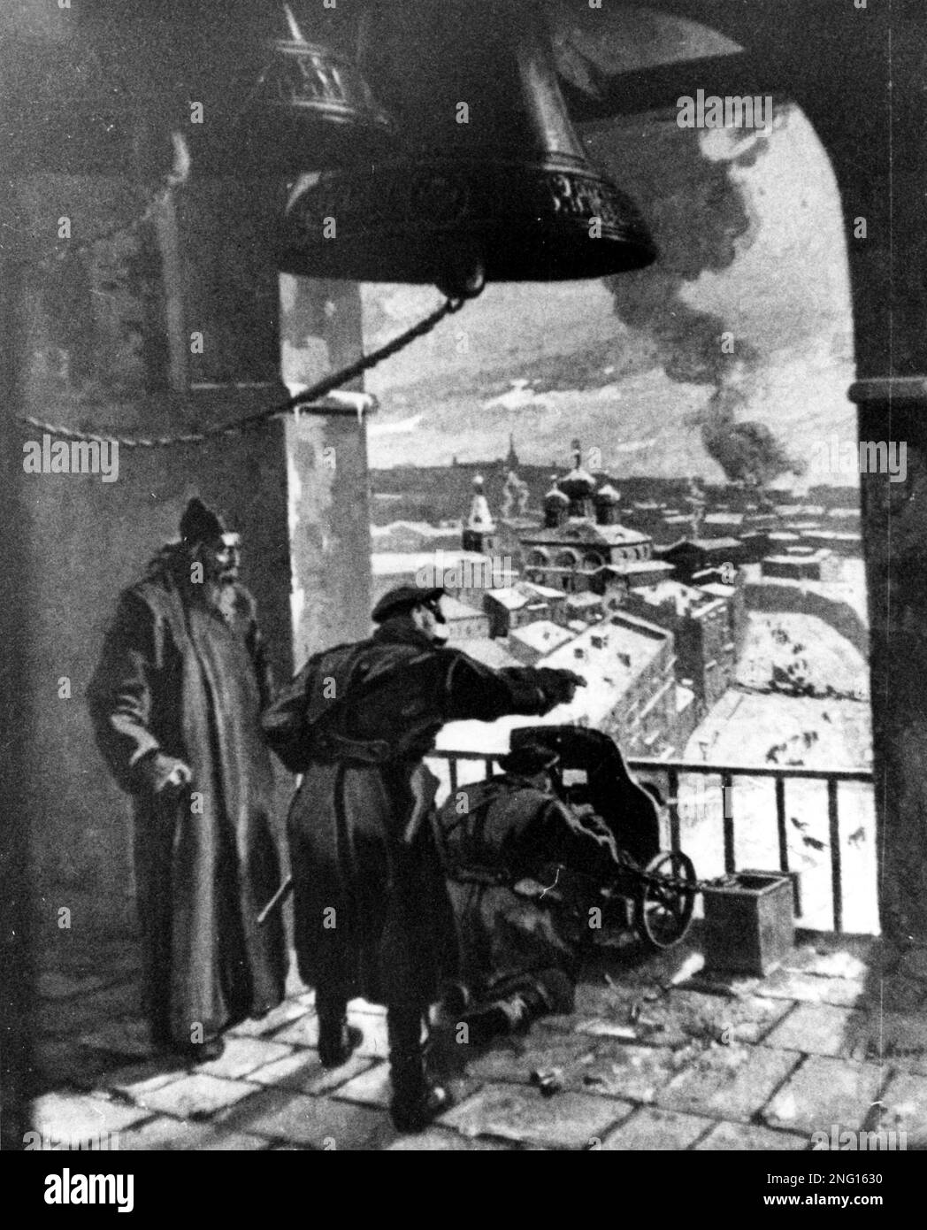 A painting illustrating a scene of the Russian revolution 1917, shows ...