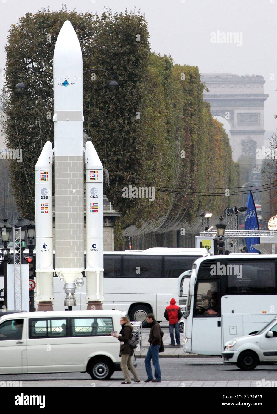A replica of the European rocket Ariane V sits on the Concorde square ...