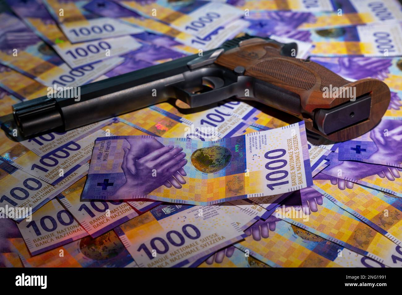 Elegant Semiautomatic 9mm Handgun with Swiss Helvetia Symbol Leaning on ...