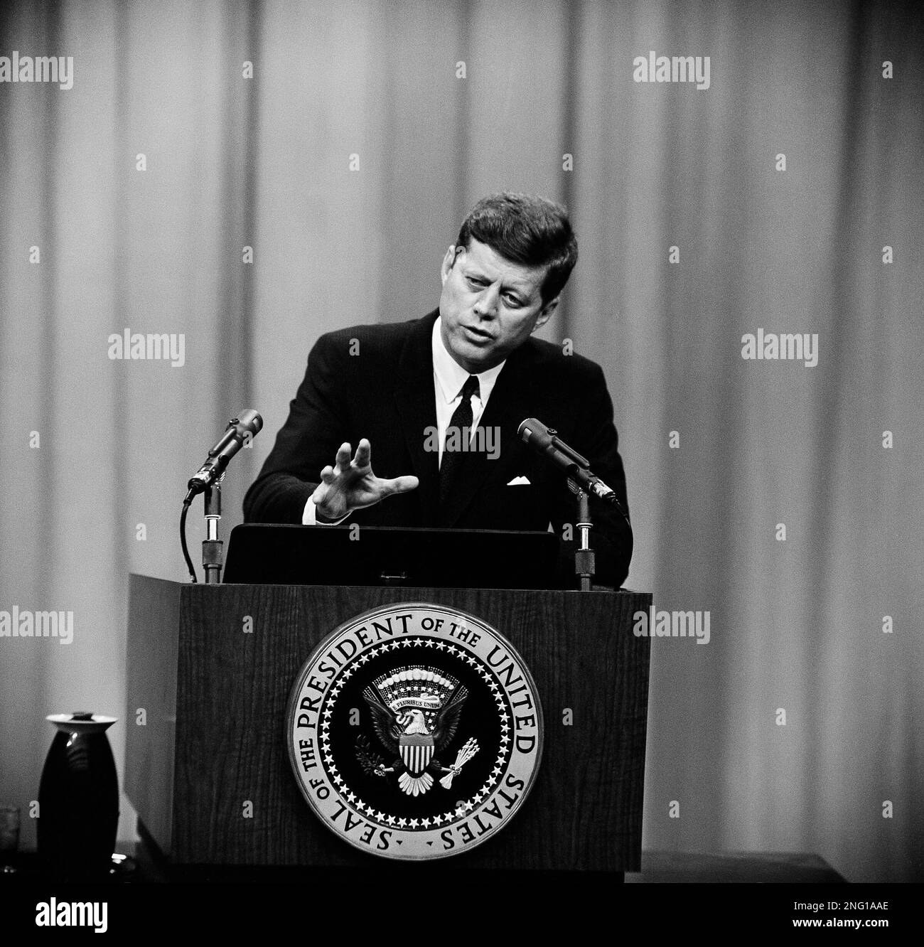 President John Kennedy discusses the Berlin crises at a news conference ...