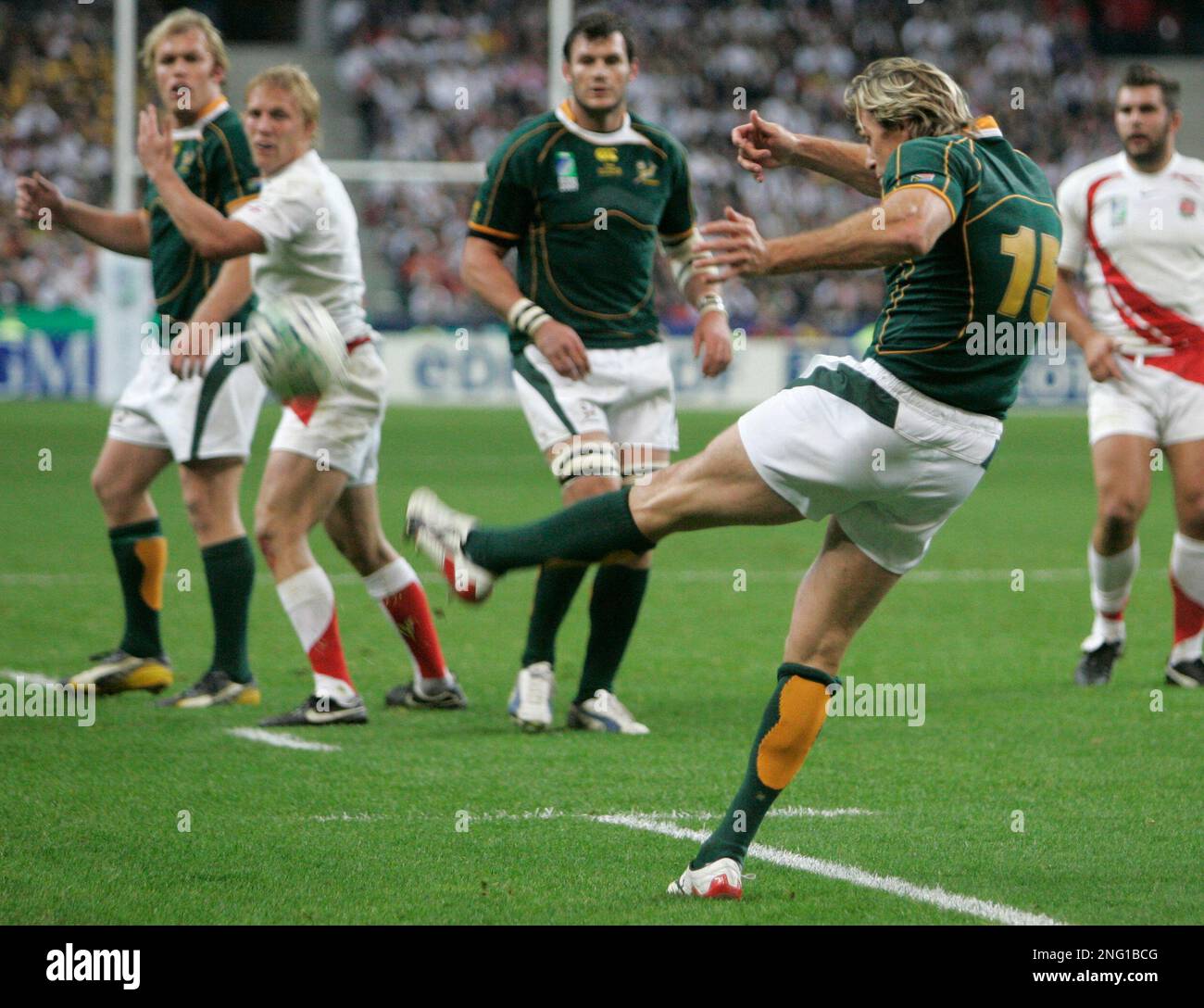 South Africa's Percy Montgomery, right, kicks the ball during the Rugby ...