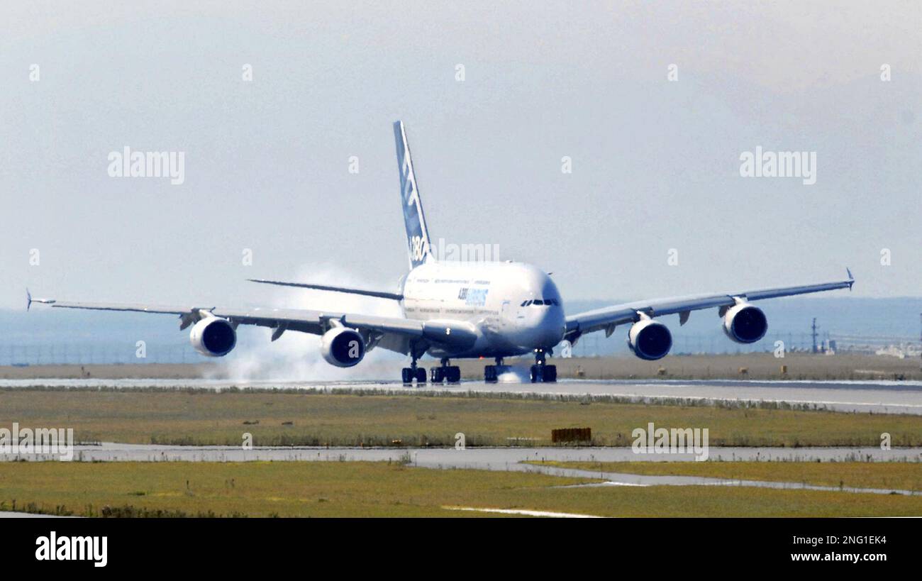 The Airbus A380 lands at Kansai International Airport in Osaka, western ...