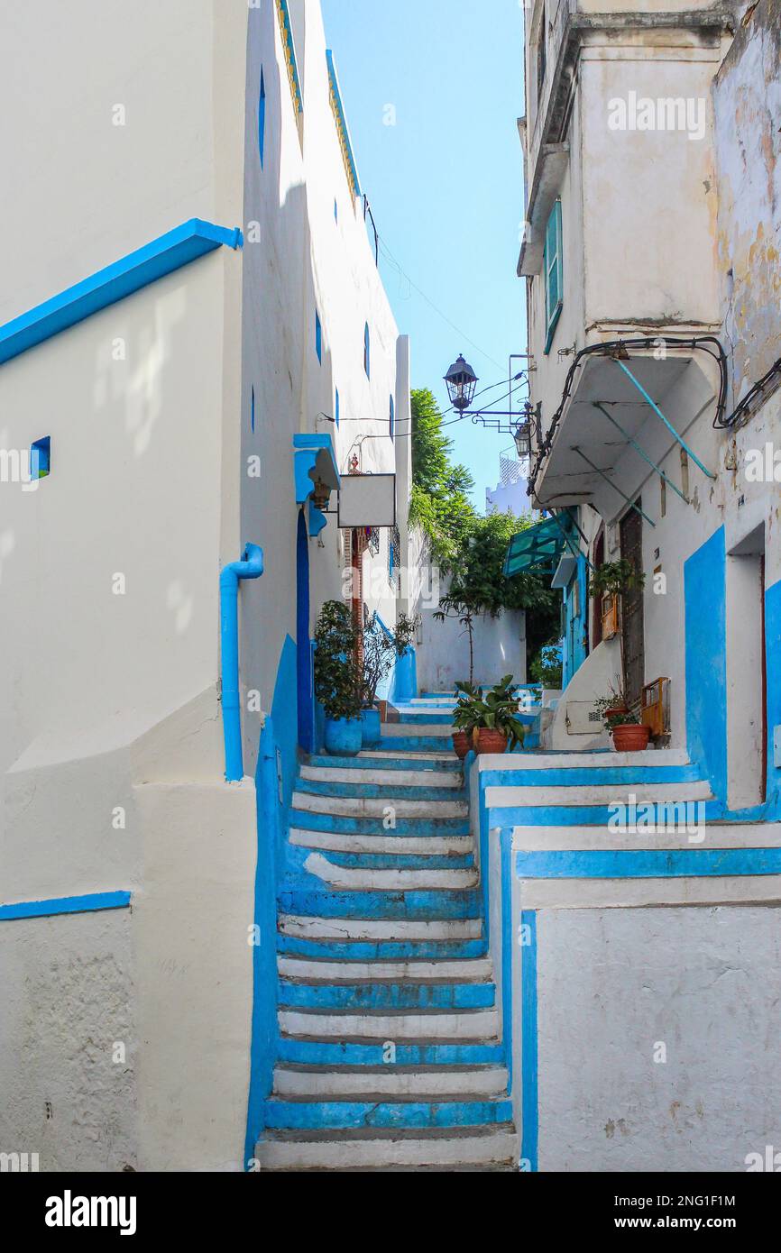 A vertical shot of a typical Moroccan street with blue and white stairs ...