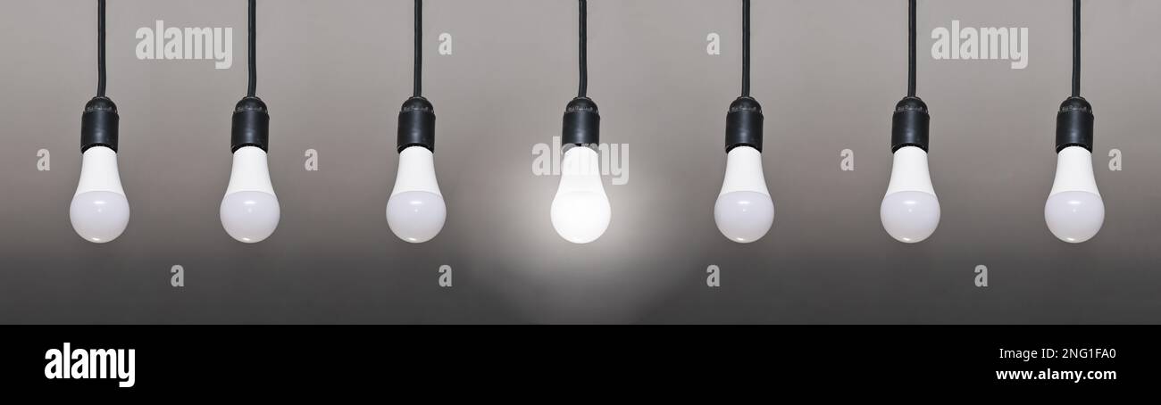 seven LED lamps on wires, only one lamp is lit. on a gray gradient ...