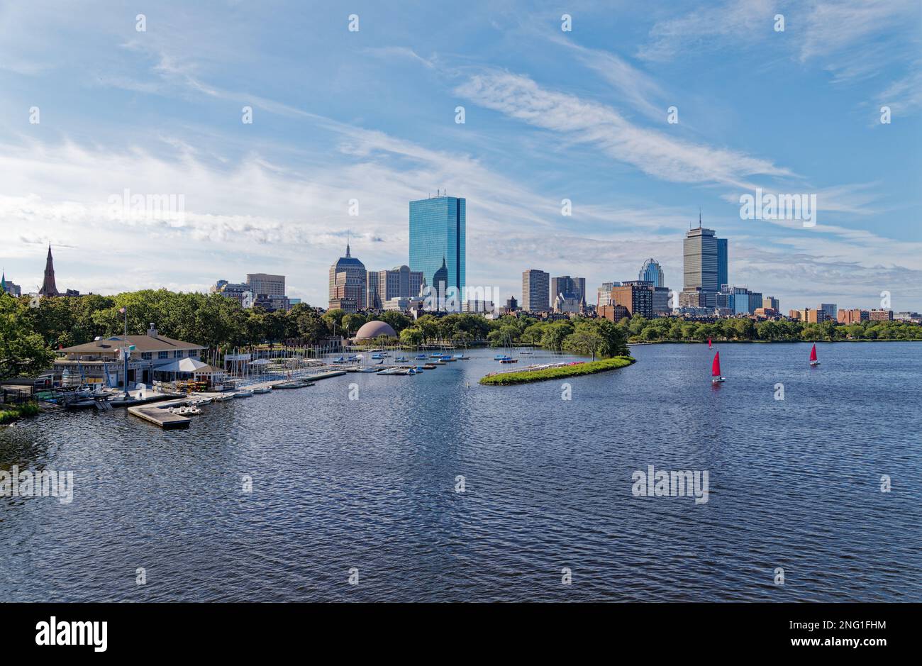 Boston Back Bay skyline, viewed from Longfellow Bridge over Charles ...