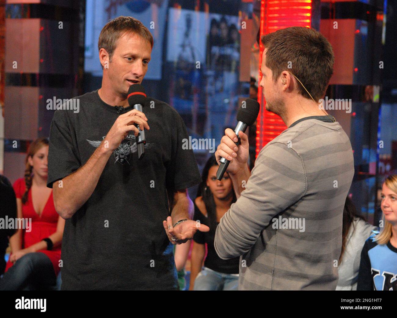 Skater Tony Hawk (L) and MTV VJ Damien Fahey make an appearance on MTV ...