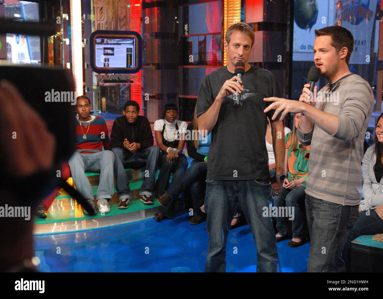 Skater Tony Hawk (L) and MTV VJ Damien Fahey make an appearance on MTV ...