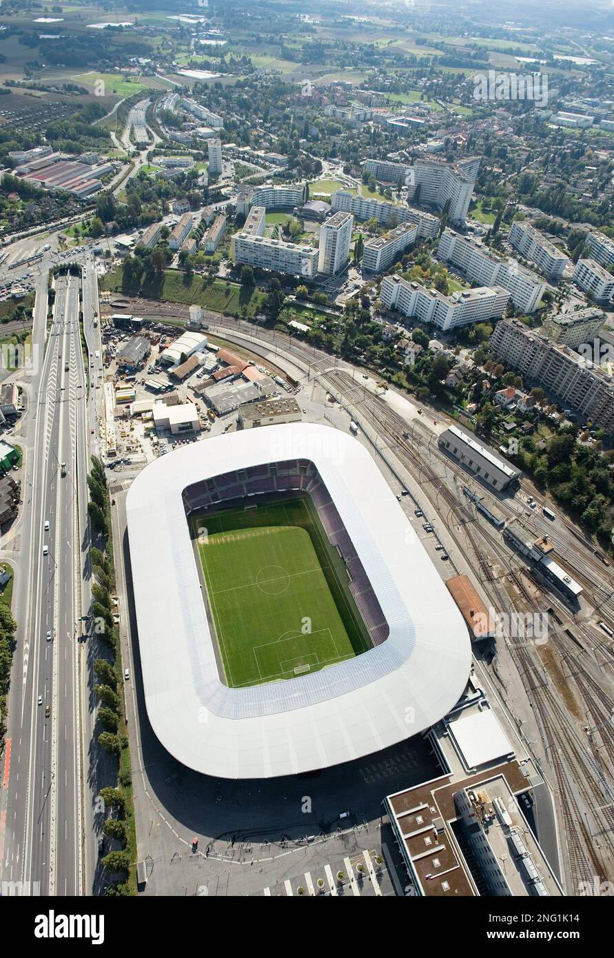 An aerial view of the soccer stadium Stade de Geneve in Geneva ...