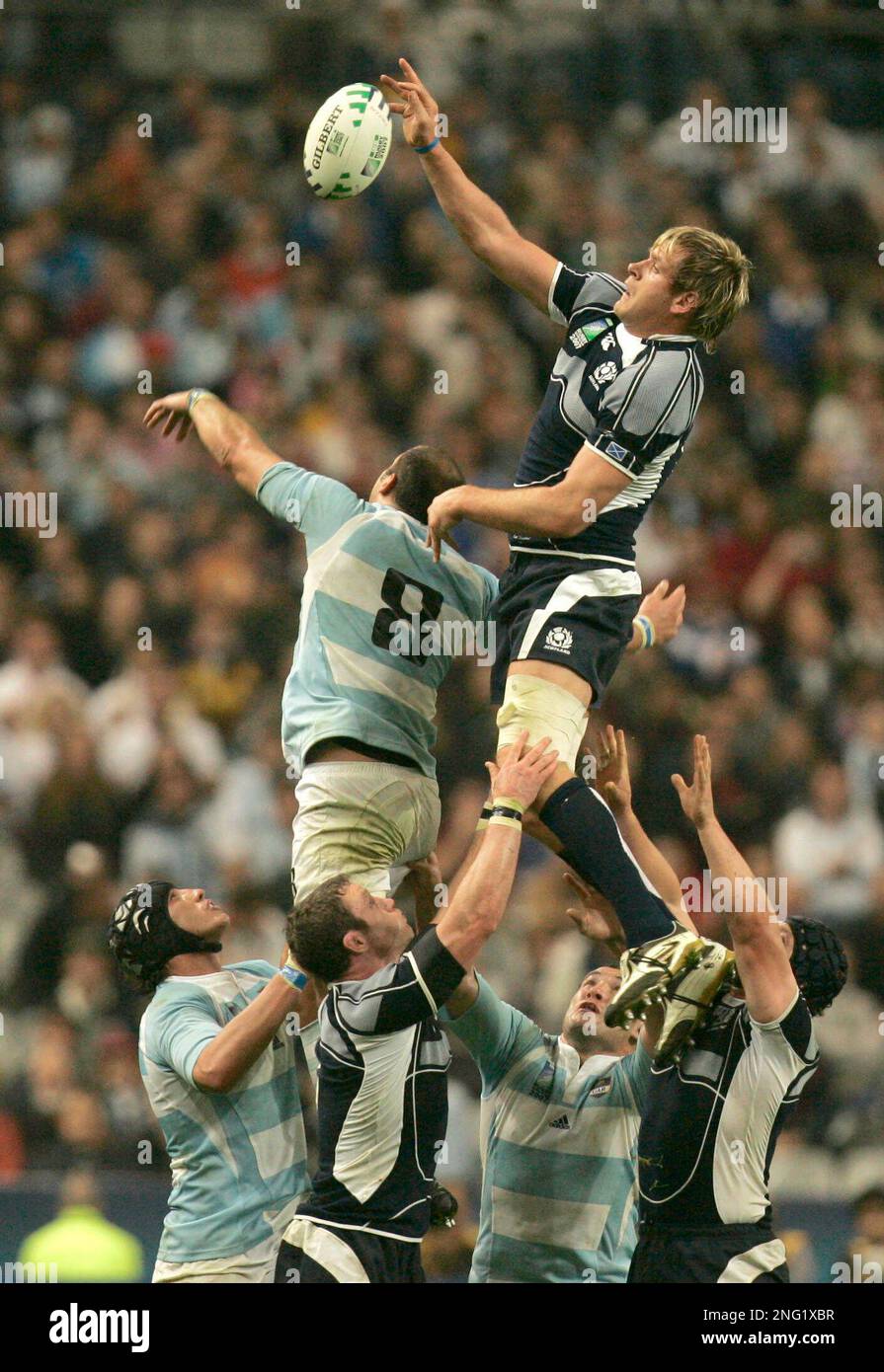 Scotland's Scott McLeod, right, wins a lineout during the Rugby World ...