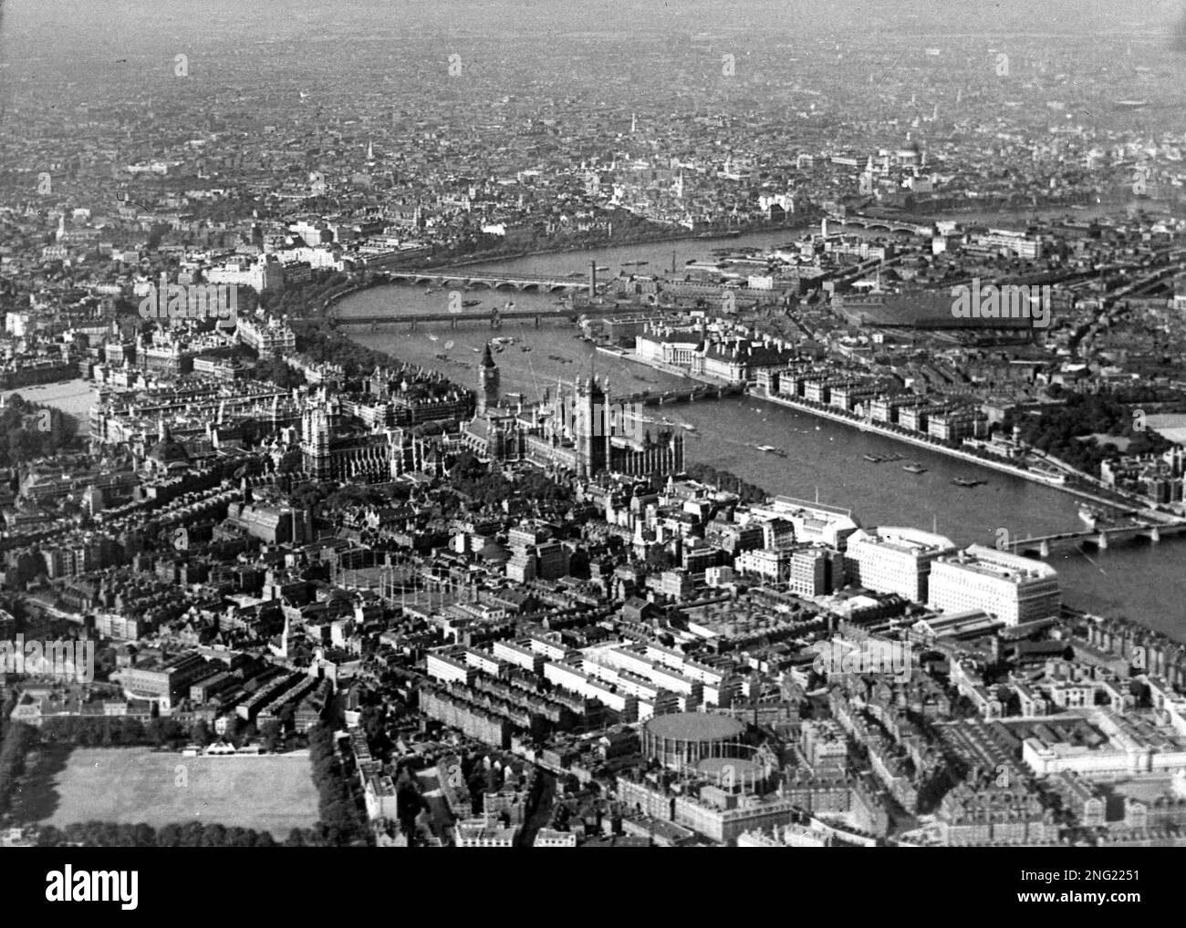 An aerial view of part of the River Thames, showing Westminster Bridge ...