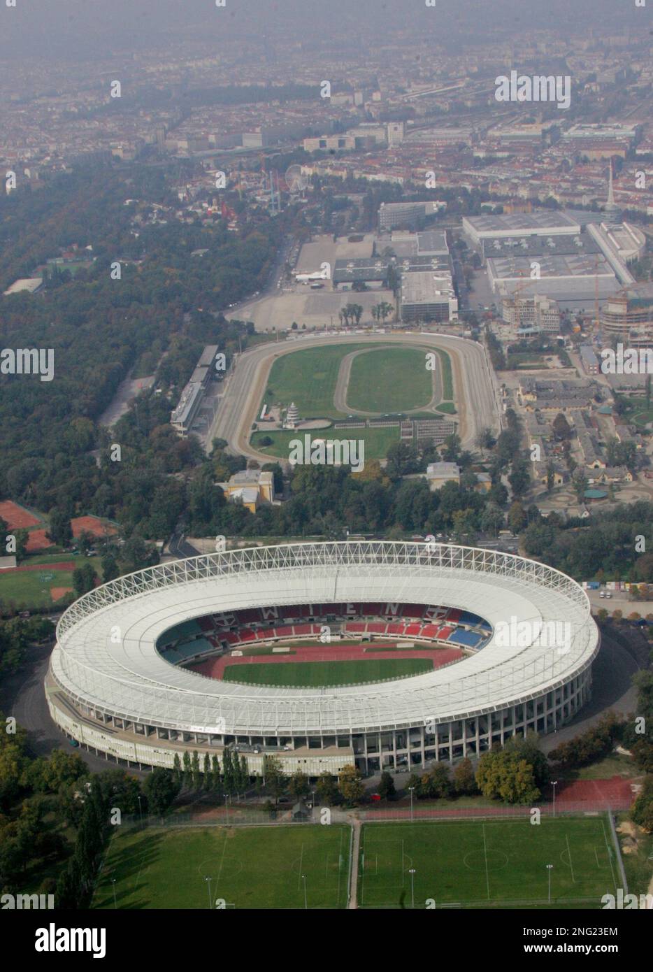 Aerial view of the of the Ernst-Happel stadium with a horse racing ...