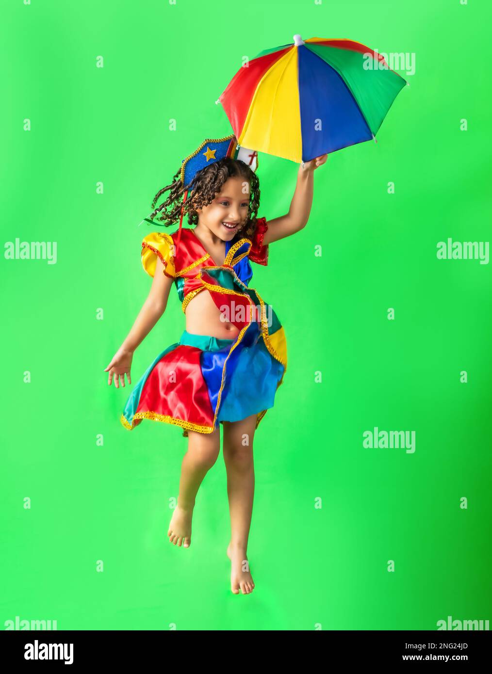 Brazilian Girl Dressed In Carnival Outfit Dancing With Frevo Umbrella