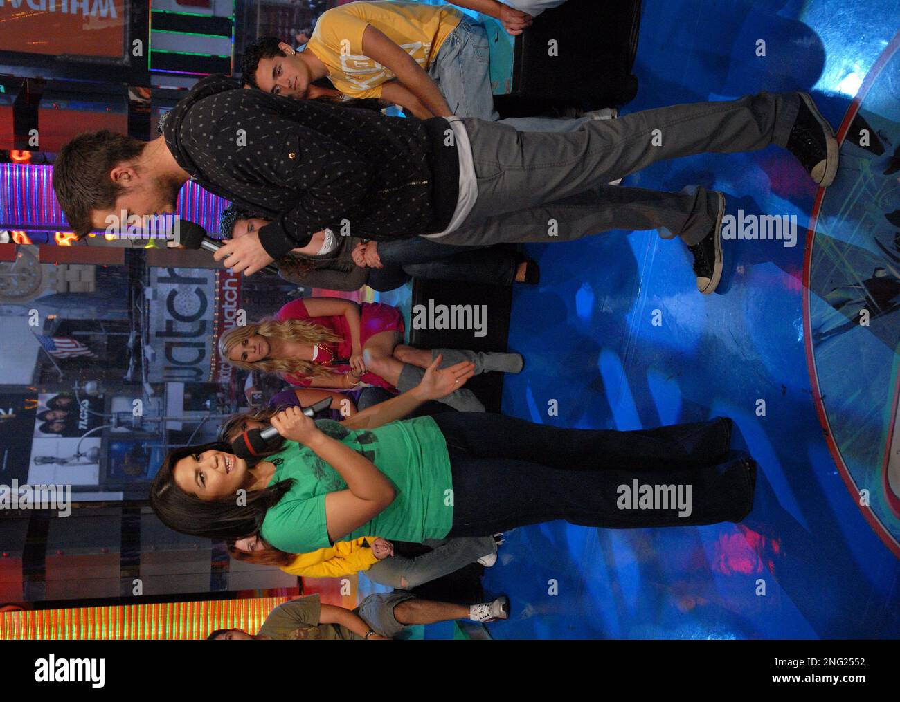 Actress America Ferrera and MTV VJ Damien Fahey make an appearance on ...