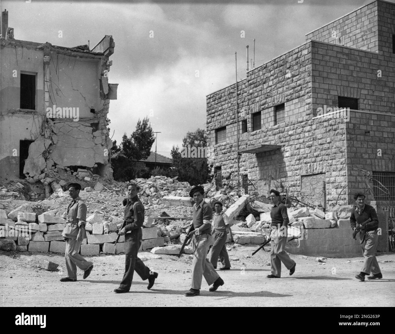 Jewish Haganah troops are seen on ppatrol near the no-man's-land line ...
