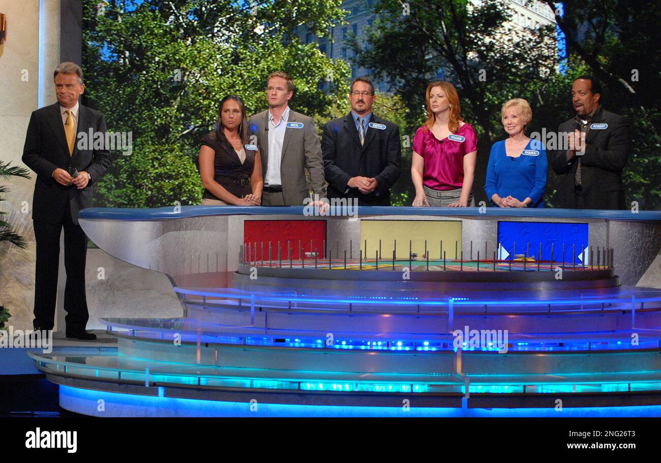 Host Pat Sajak (L), contestant Megan Sippey, actor Neil Patrick Harris ...