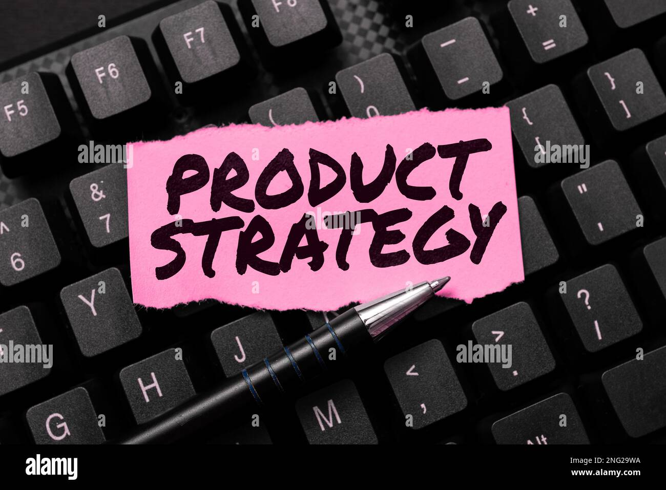 Sign displaying Product Strategy. Business overview long term plan ...