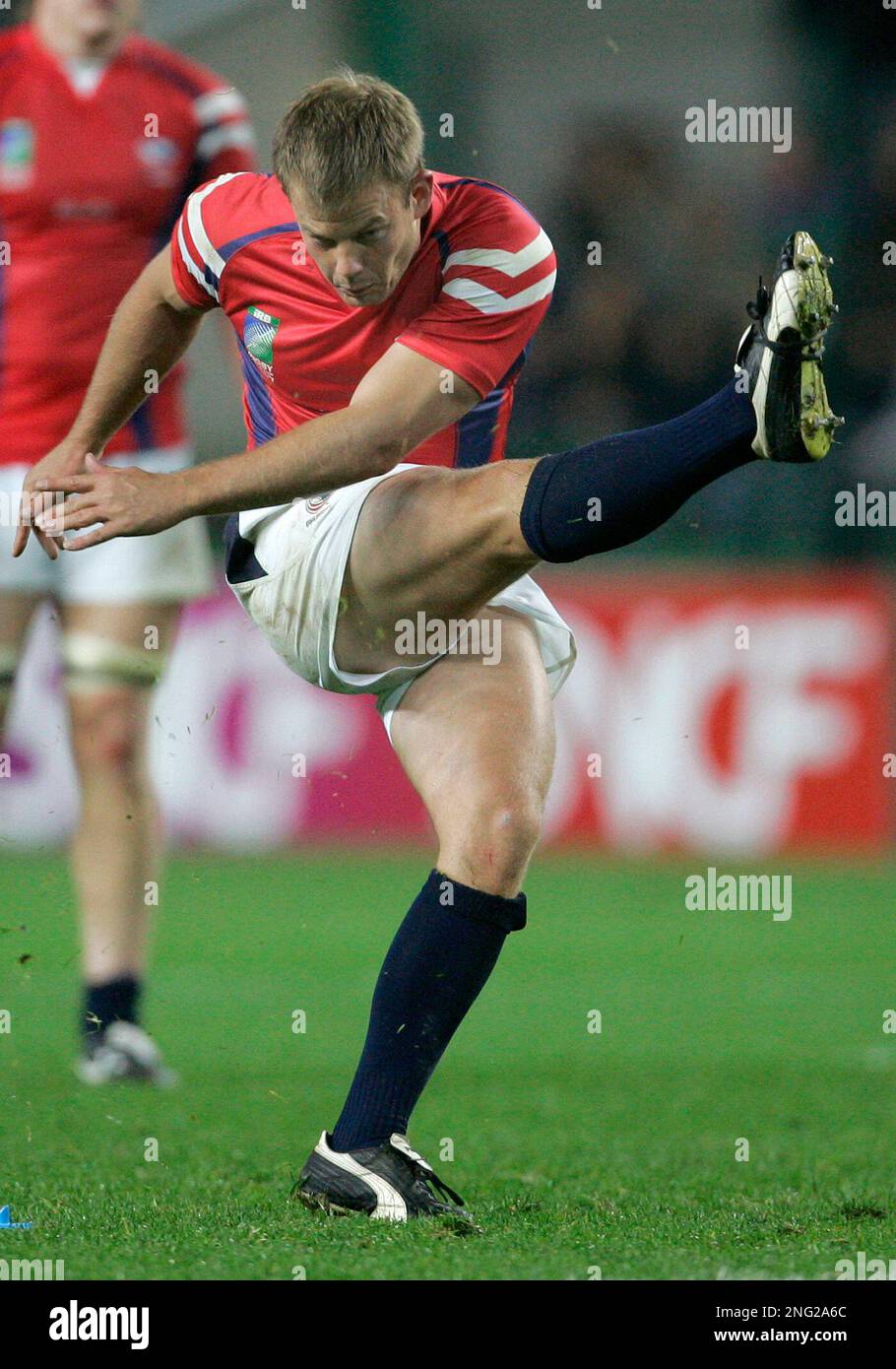 Mike Hercus of the United States kicks for goal during the Rugby World ...