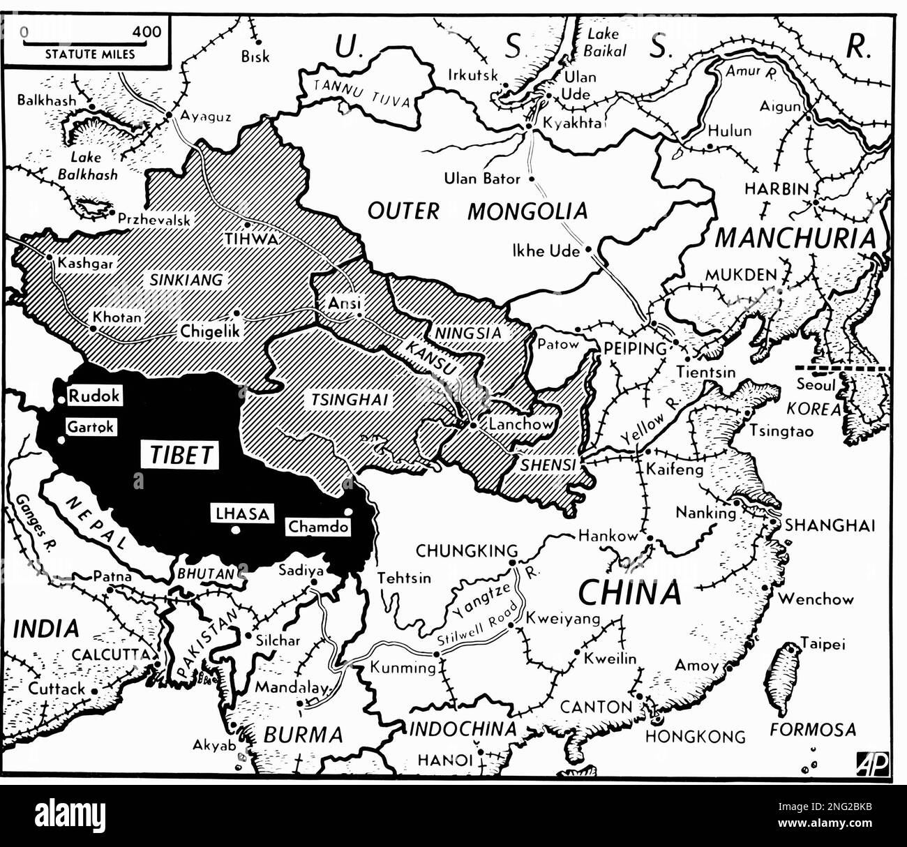 Black area in map shows Tibet which Communist China announced it is ...