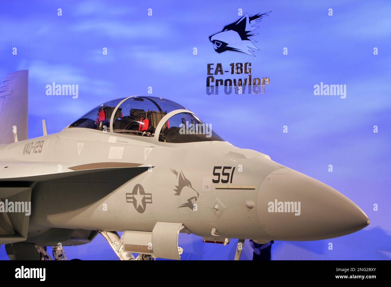 A Boeing EA-18G Growler sits on display during a ceremony marking ...