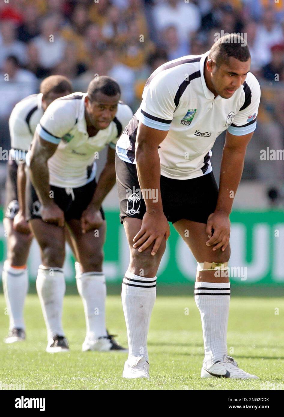 Fiji players catch their breath during the Rugby World Cup Group B ...