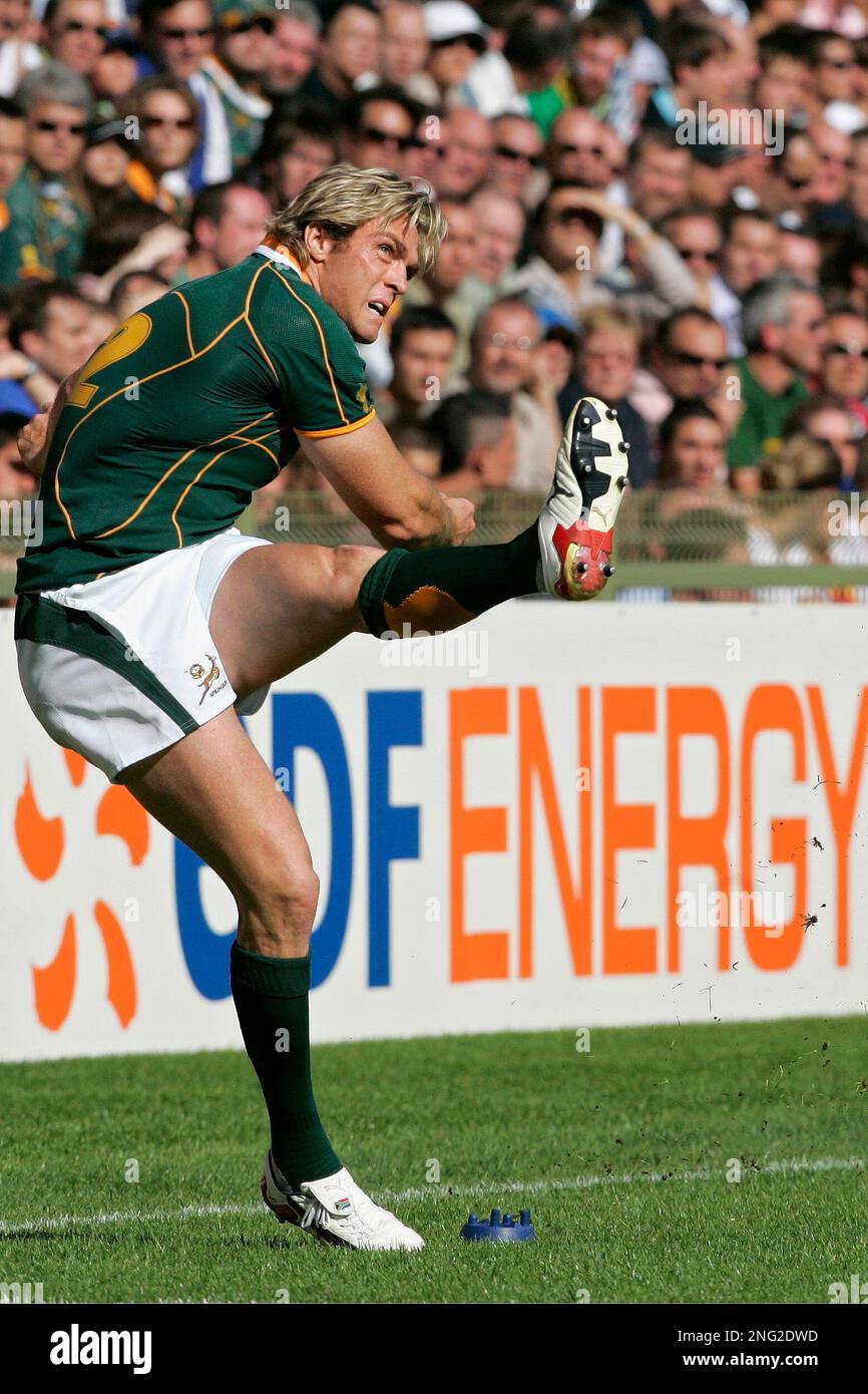 South Africa's Percy Montgomery kicks a penalty during the Rugby World ...