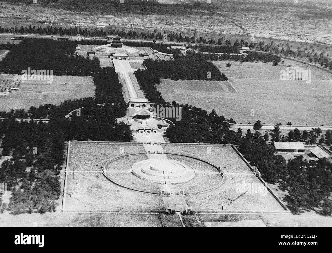 Air view of Peiping's (Beijing) most famous landmarks, Altar of Heaven ...