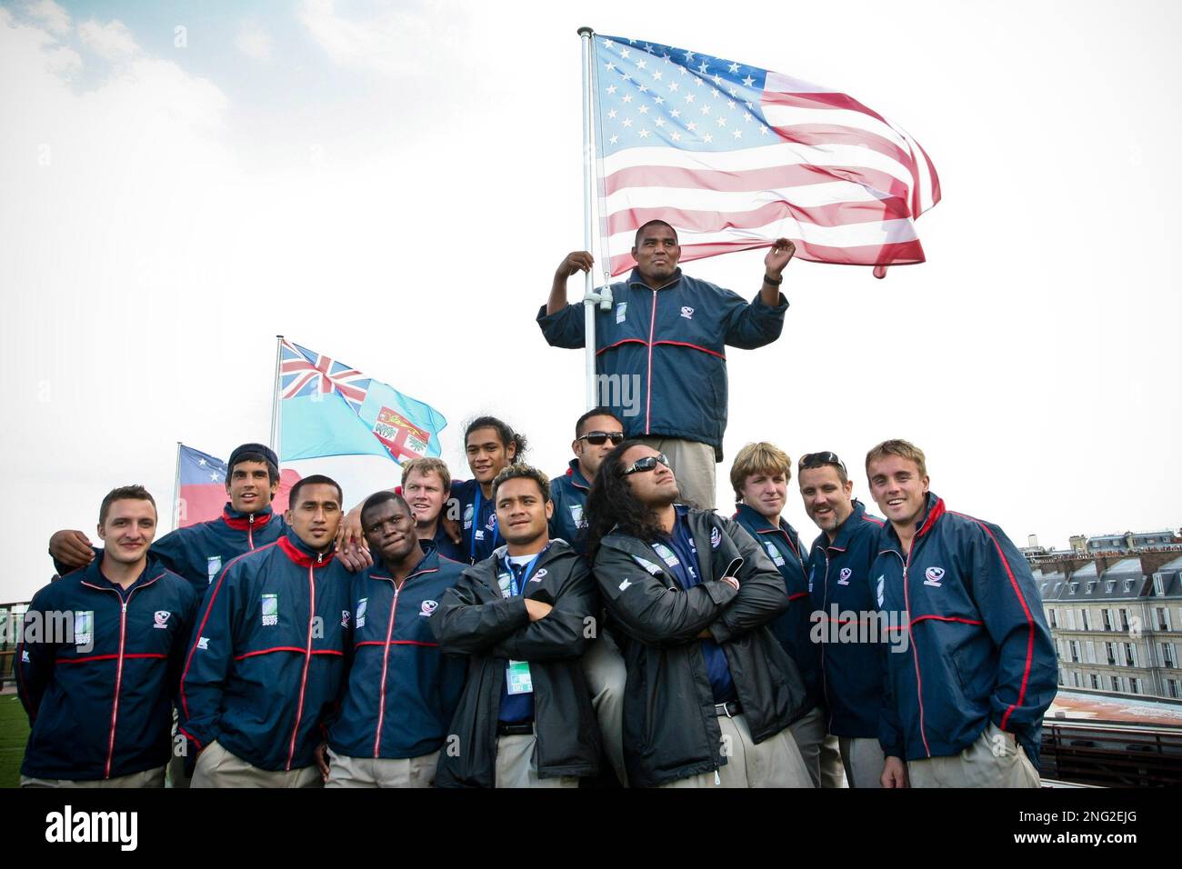 Matekitonga Moeakiola, top, of the United States rugby team stands ...