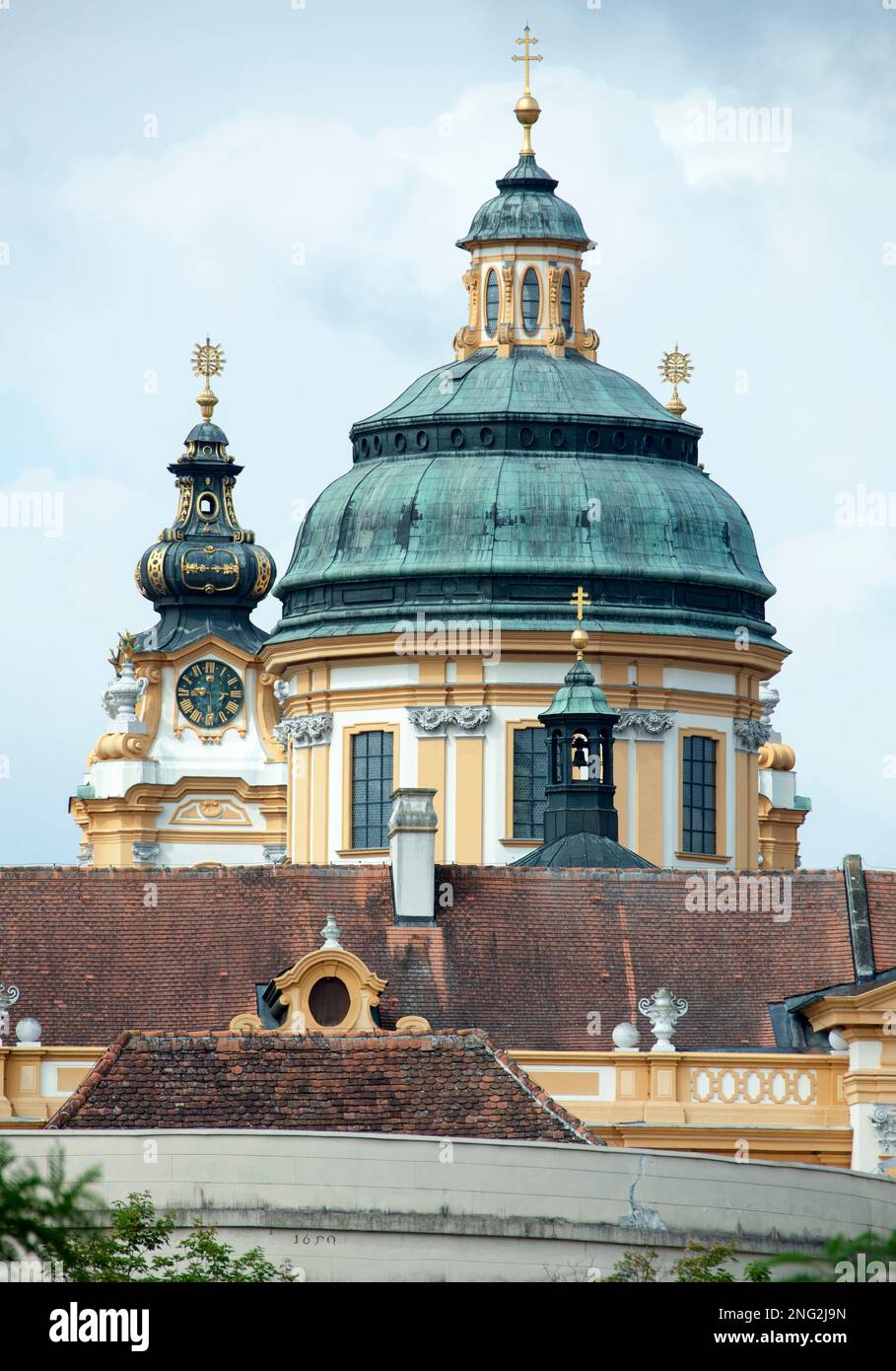 The view of tall baroque style spires of 18th century Melk Abbey in ...