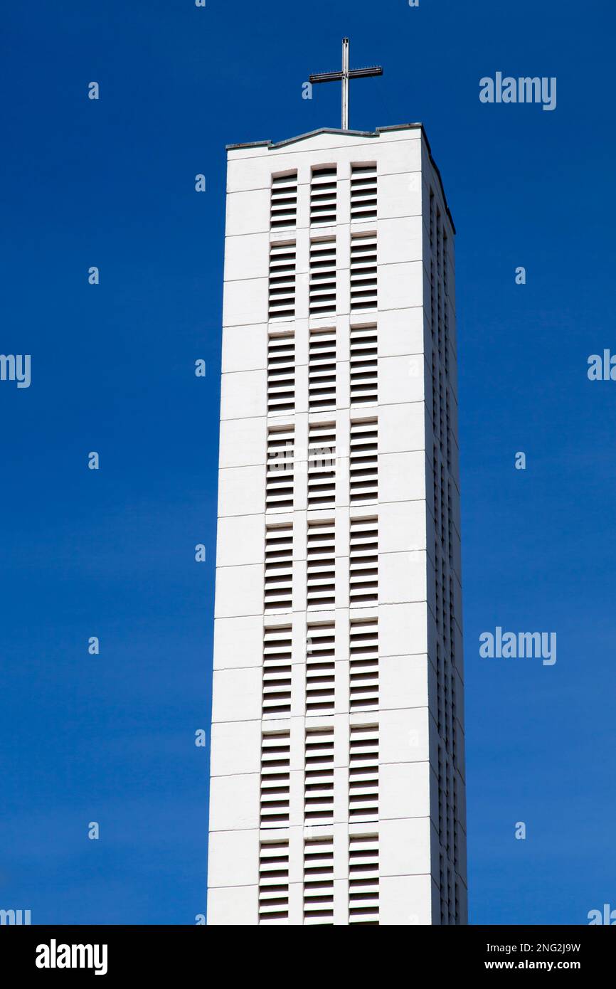 The abstract view of Waiapu Cathedral tall modern tower in Napier town ...