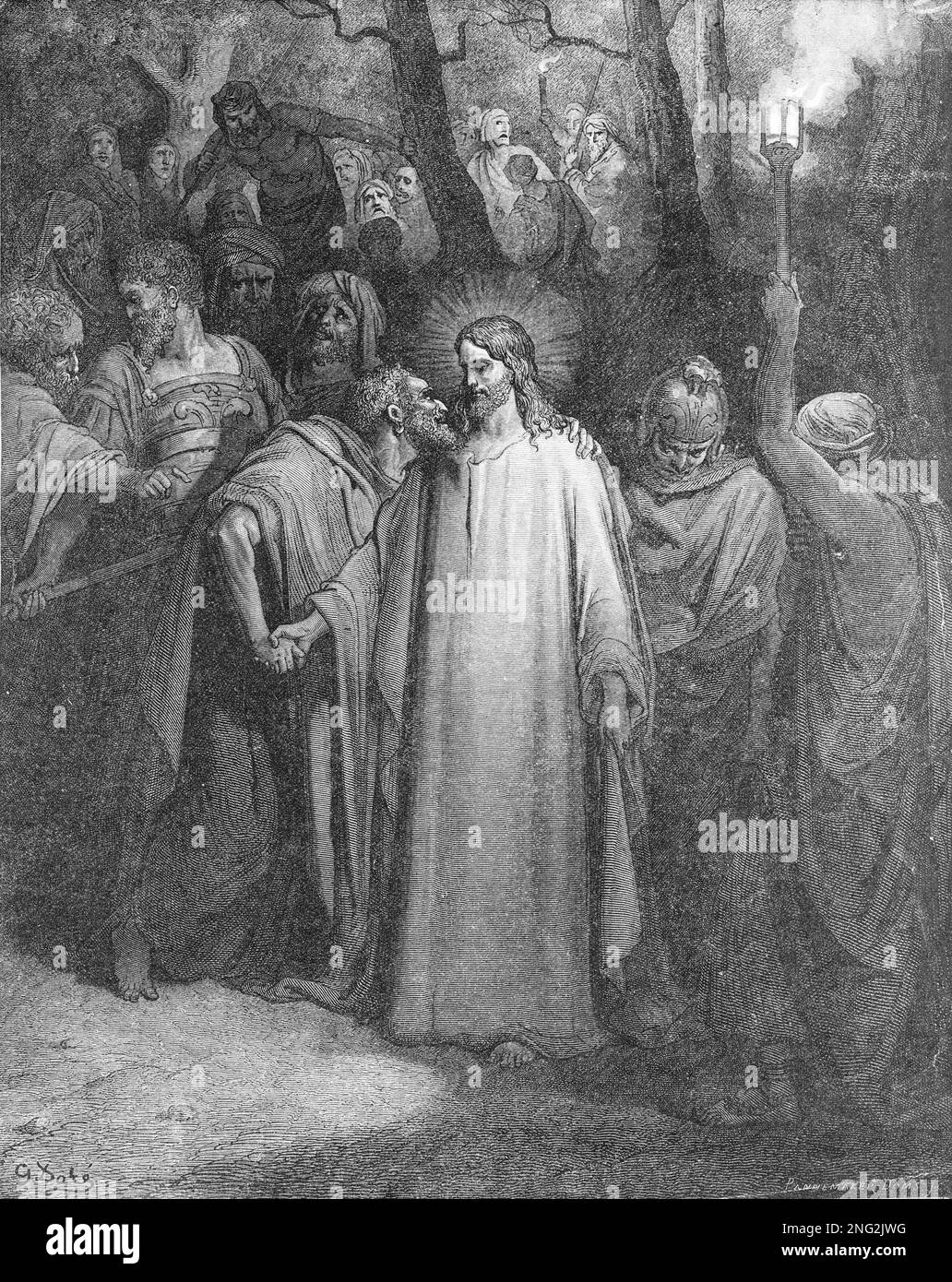 Judas Iscariot betrays Jesus with a kiss in the garden of Gethsemane in ...