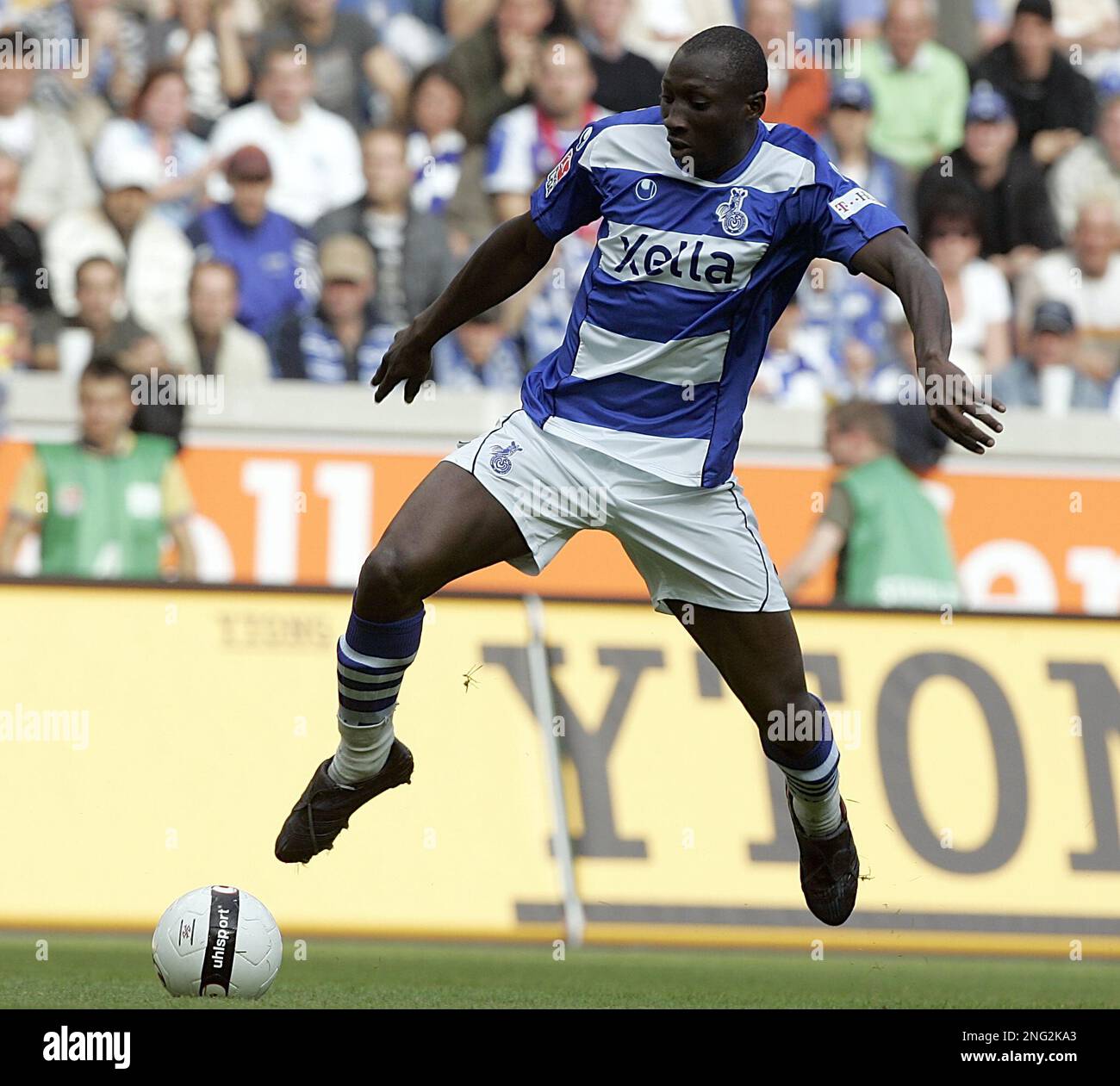 Duisburg's Manasseh Ishiaku challenges for the ball during the German first division Bundesliga ...