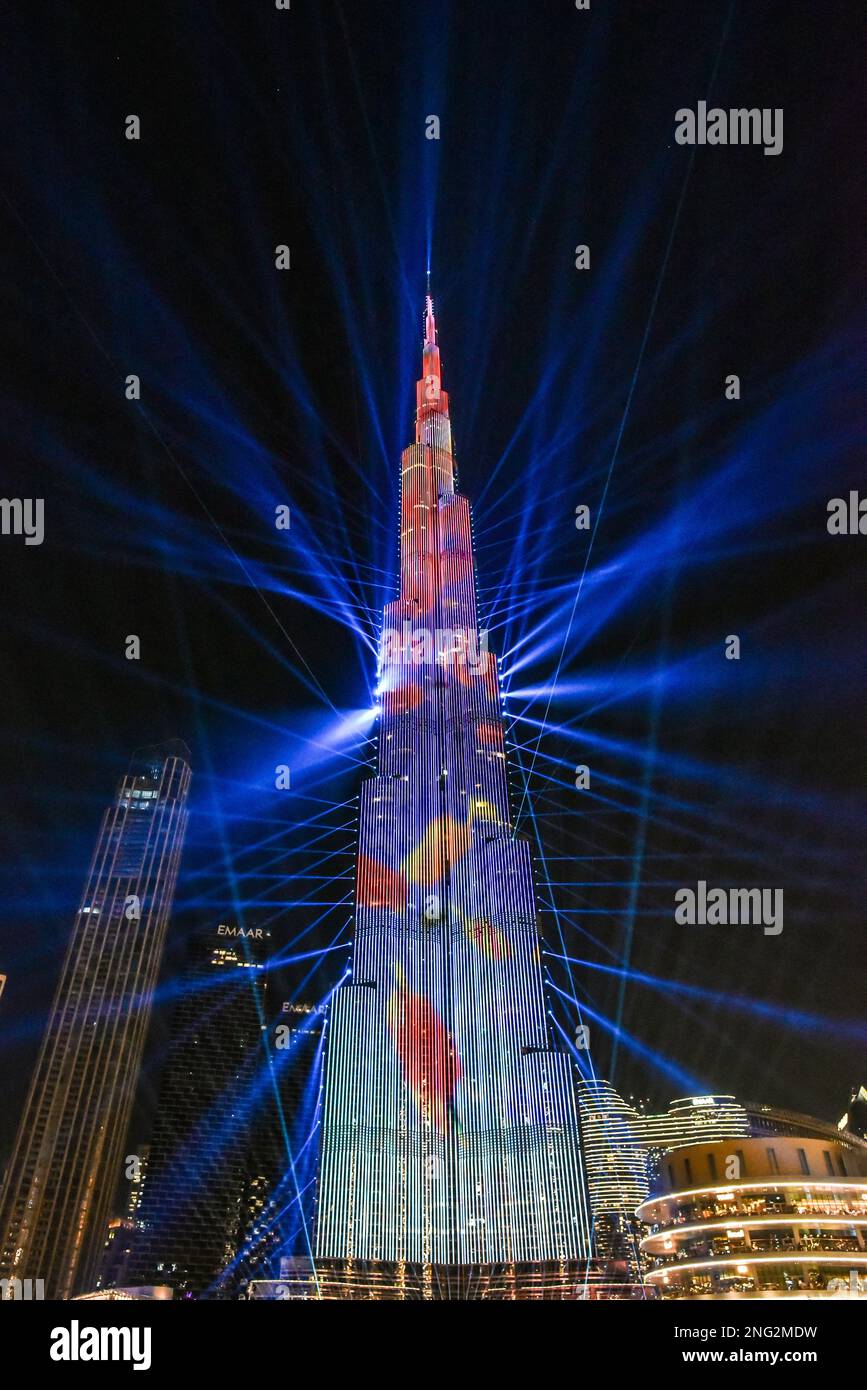 Light and fountain show at Burj Khalifa, Dubai, United Arab Emirates ...