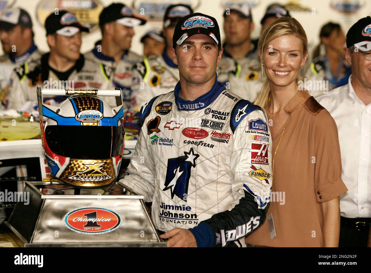 Jimmie Johnson is seen with his wife Chandra Johnson after winning the ...