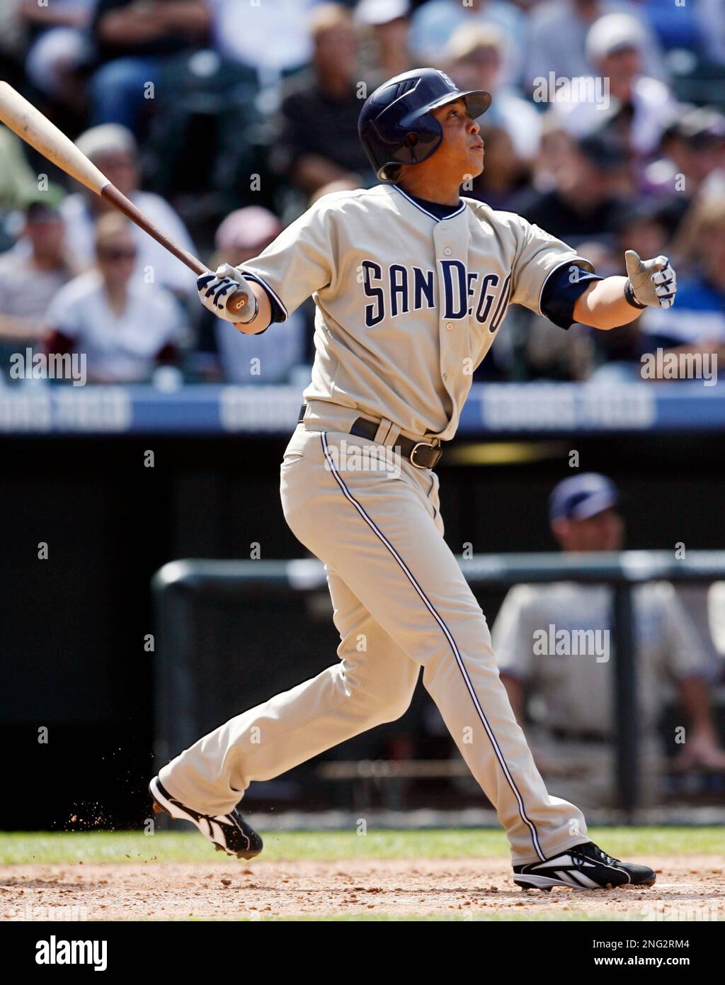 San Diego Padres' Terrmel Sledge swings at a pitch against the Colorado ...