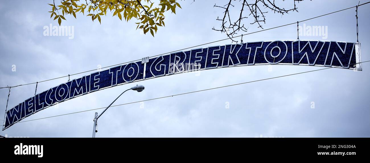Welcome to Greek Town sign Stock Photo - Alamy