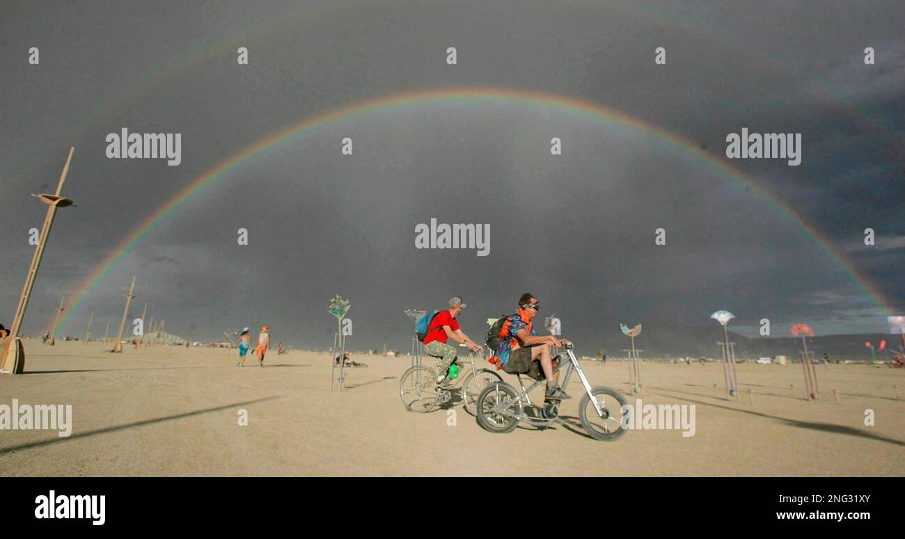 A rainbow is cast over the Black Rock Desert in Gerlach, Nev., during ...